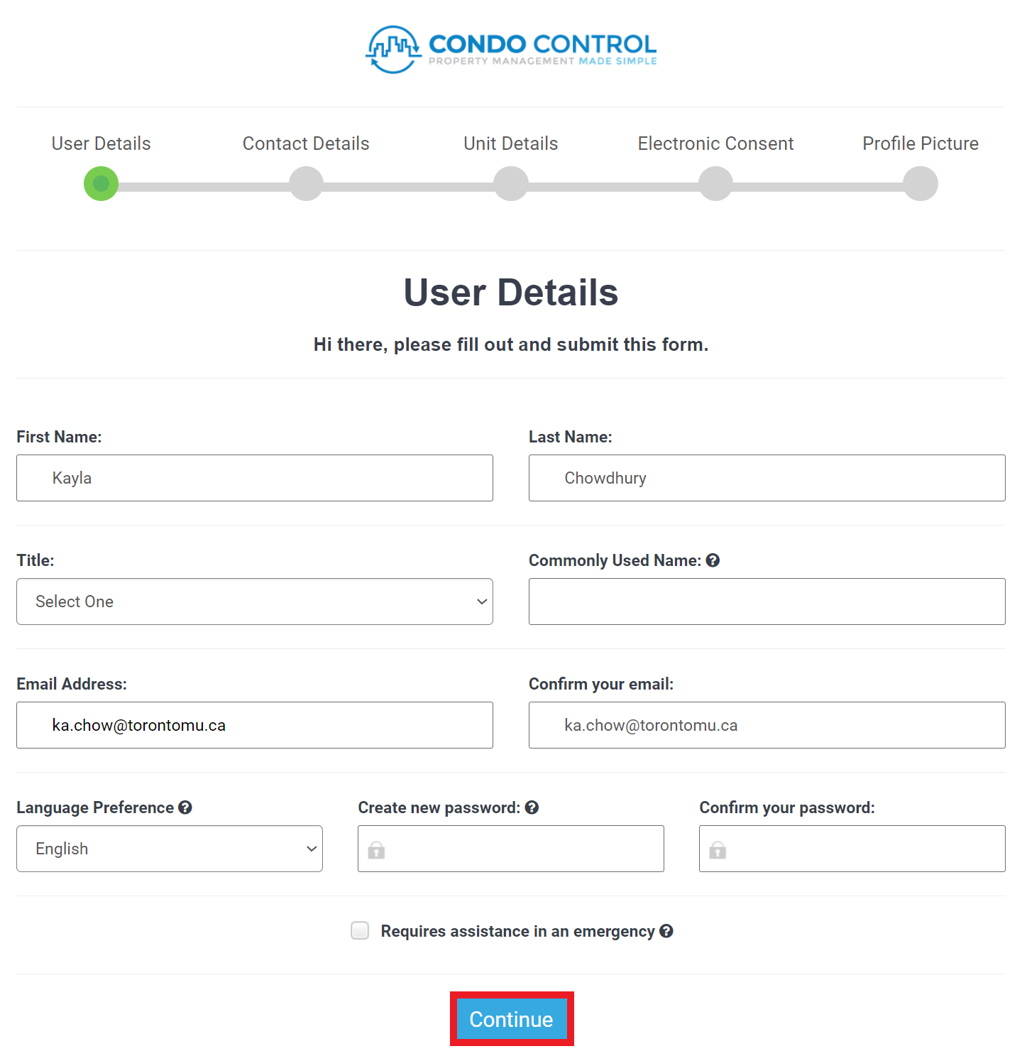 Register Your Account - Browser – Condo Control - English
