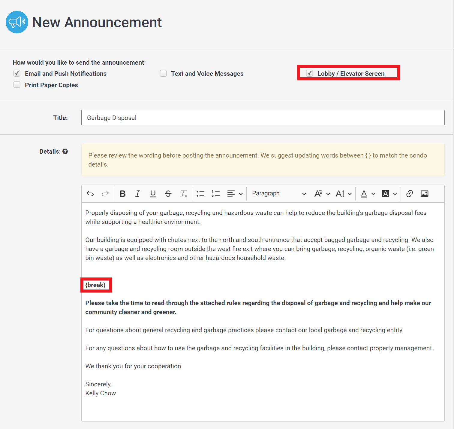 How to Add a Page Break in Announcements – Condo Control - English