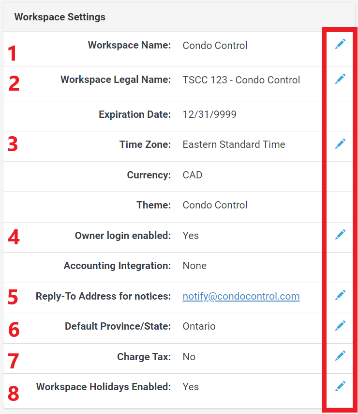 Workspace Settings - General Workspace Setup – Condo Control - English