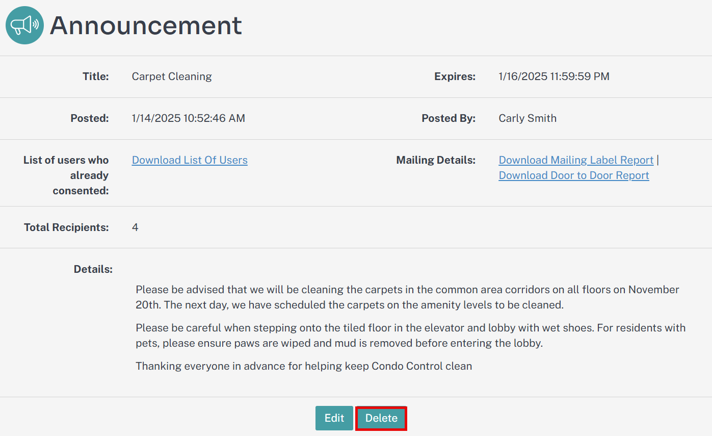 How to Delete an Announcement – Condo Control - English
