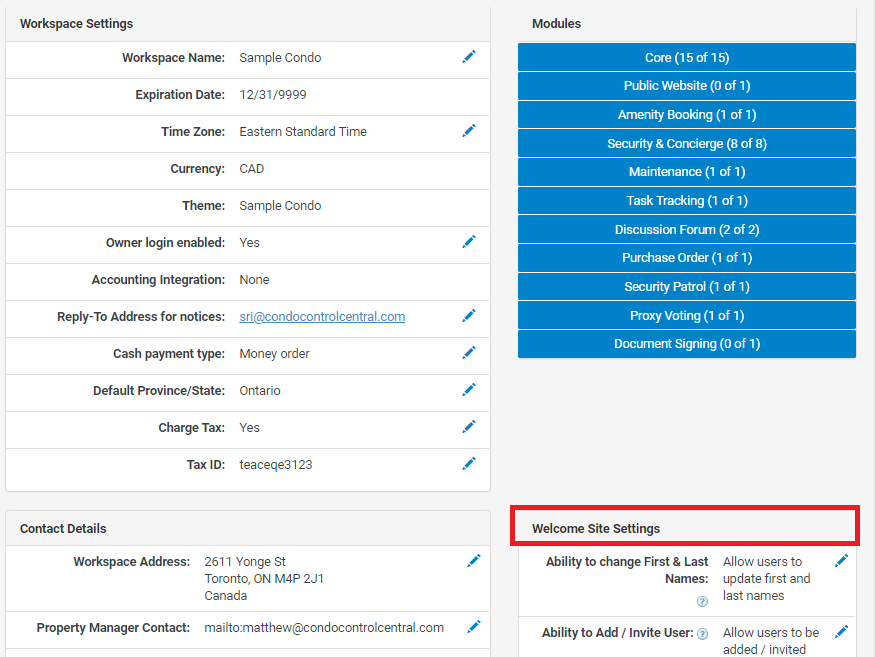 Workspace Settings - Welcome Site Settings – Condo Control - English